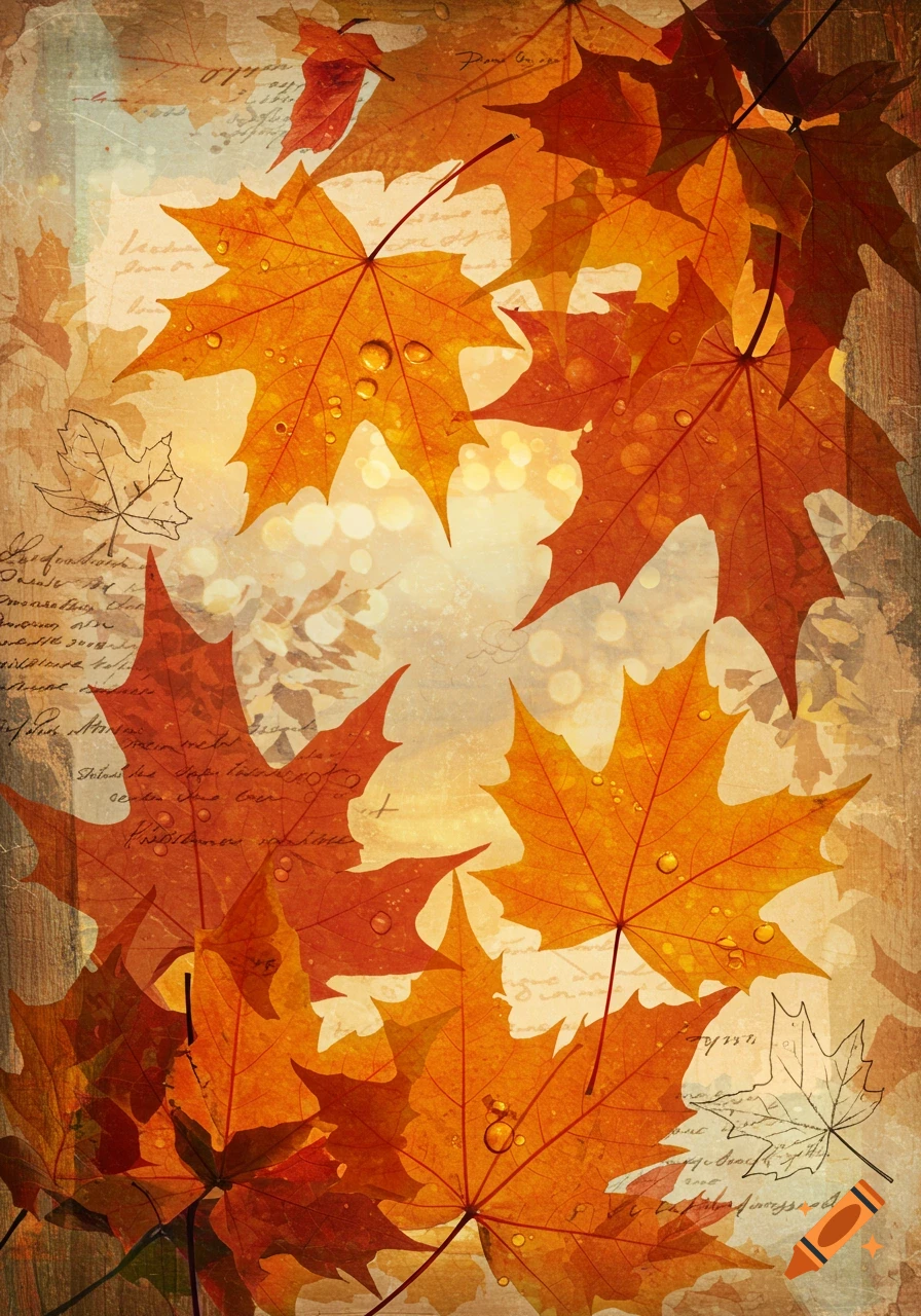 A vibrant collage of orange and red autumn maple leaves with water ...