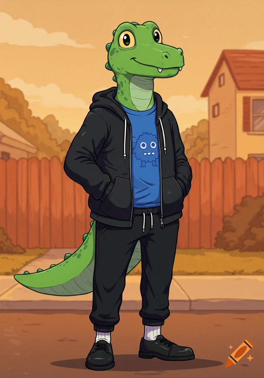 A friendly cartoon alligator with glasses, a hoodie, and a '12' t-shirt ...