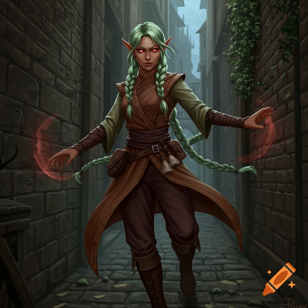 A female elf with green braids and red eyes in brown robes stands in a ...