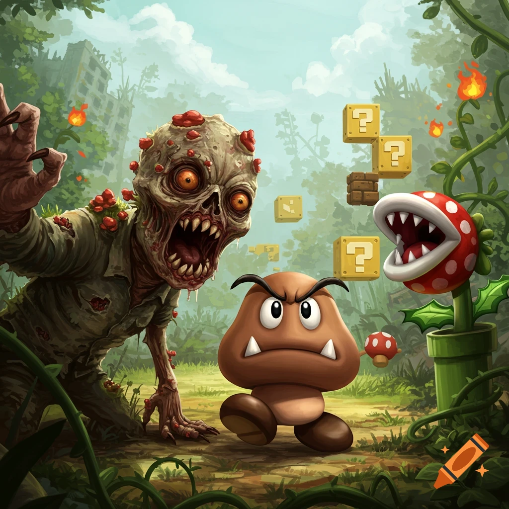 A yellow Pikmin inspects a complex machine made of pipes and gears ...