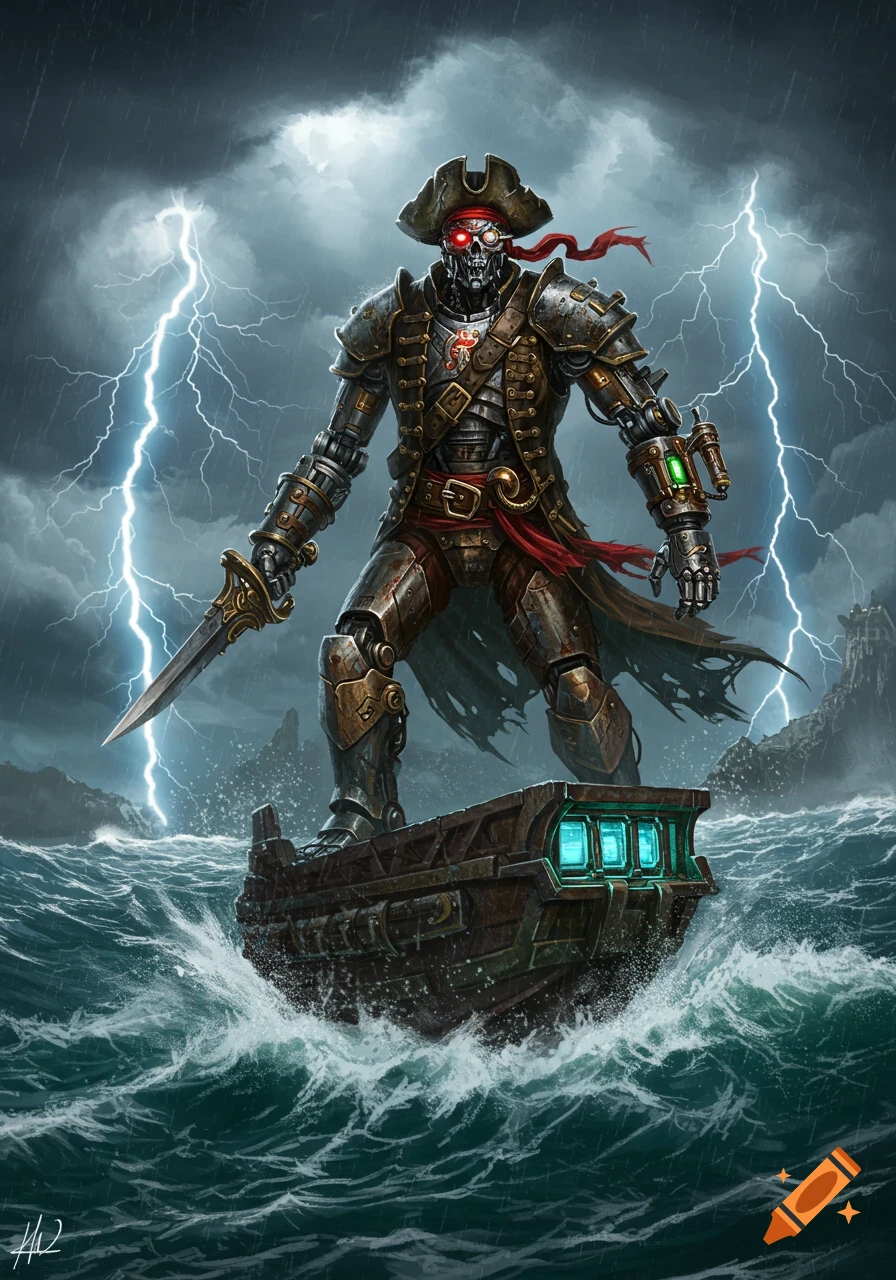 A menacing robot pirate stands on a small ship in a stormy sea with ...