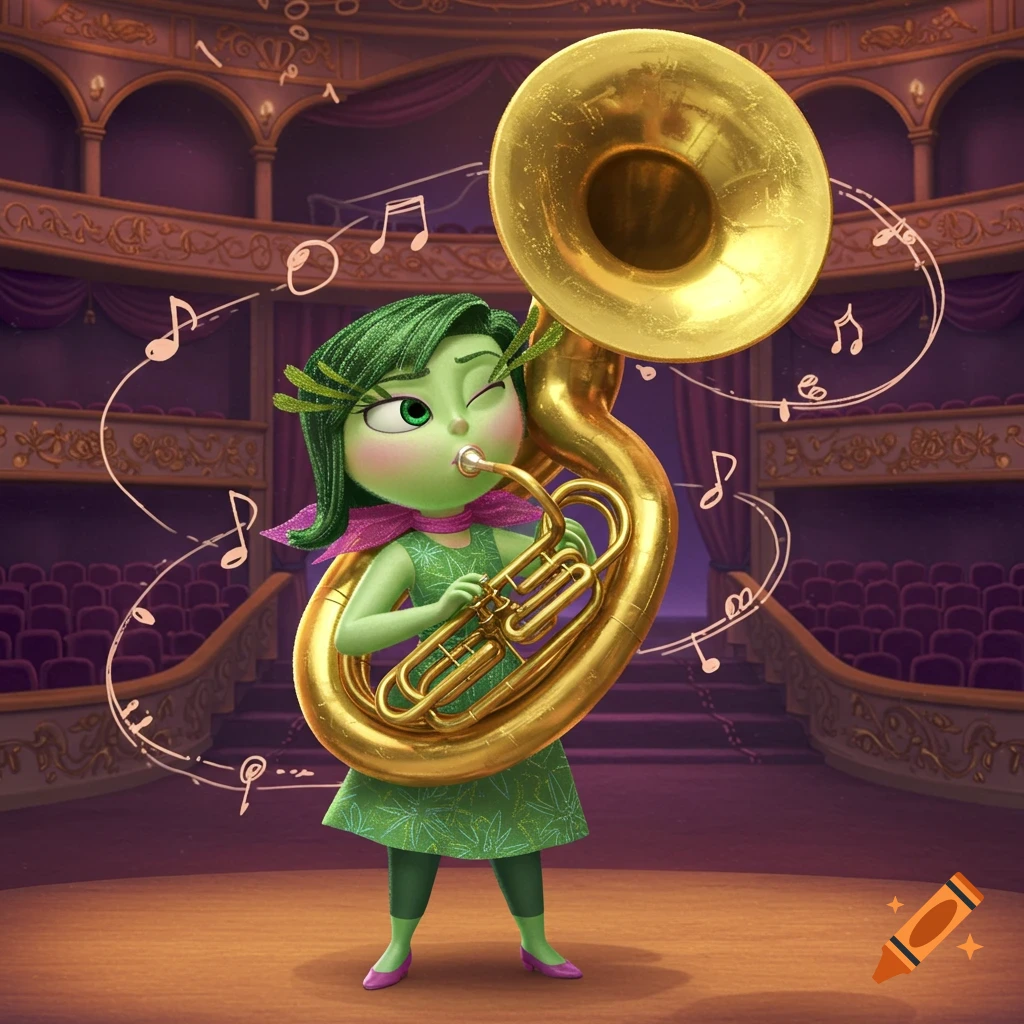 Disgust from Inside Out plays a shining silver tuba with puffy cheeks ...