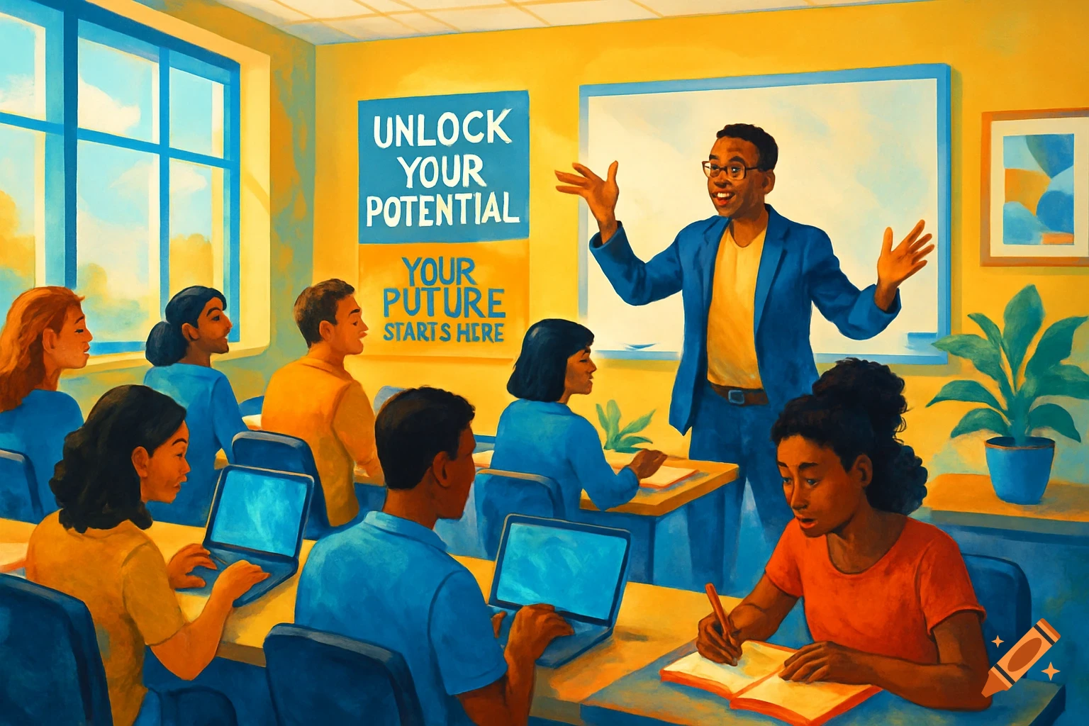 An illustration of a diverse classroom with a teacher instructing ...