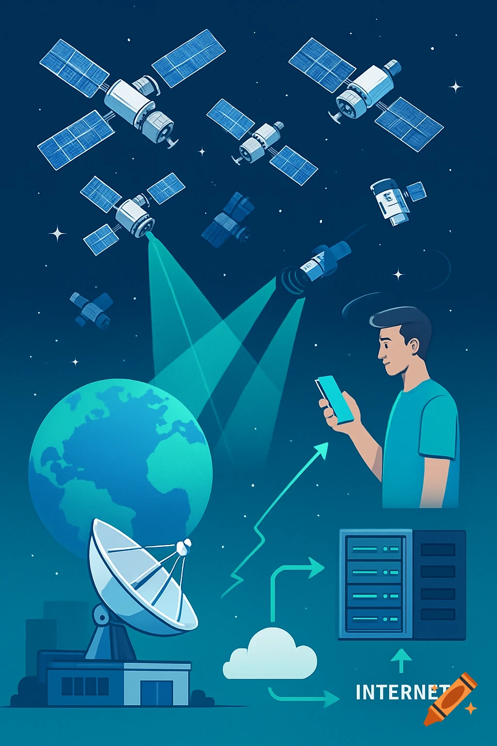 An illustration of a satellite communication system with satellites ...