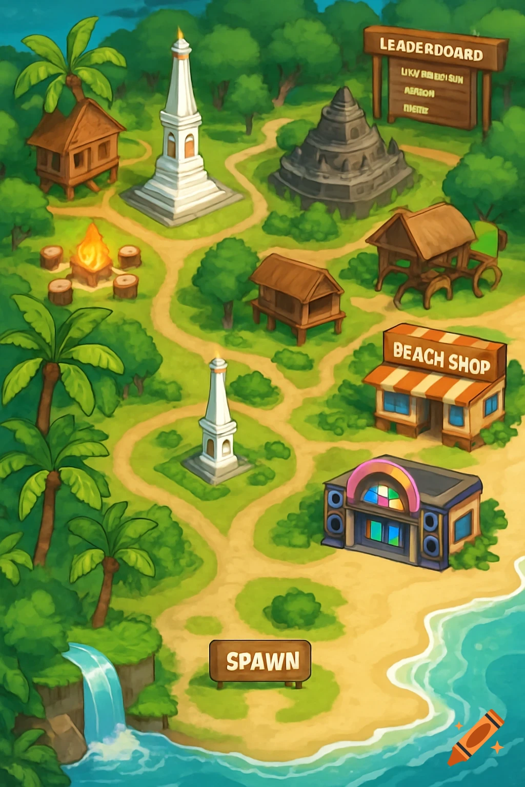 A colorful, stylized game map of a tropical island with beaches, jungle ...