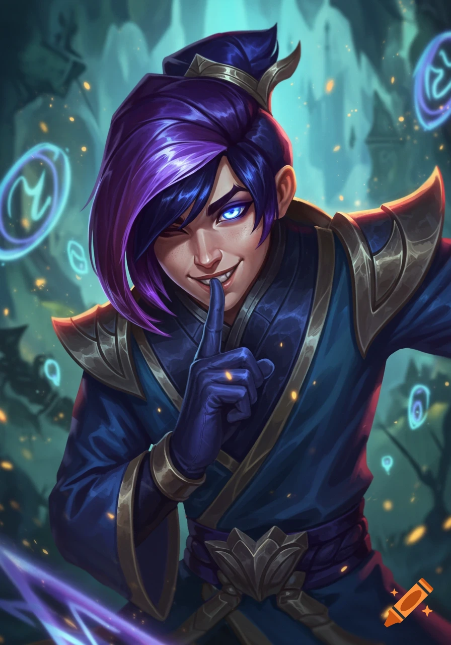 Mischievous character with purple hair and glowing blue eyes winks ...