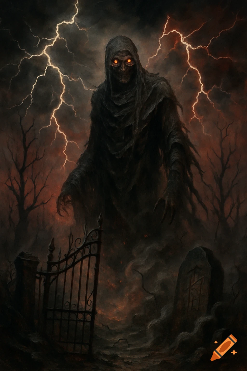 A dark, ominous hooded figure with glowing orange eyes stands in a ...