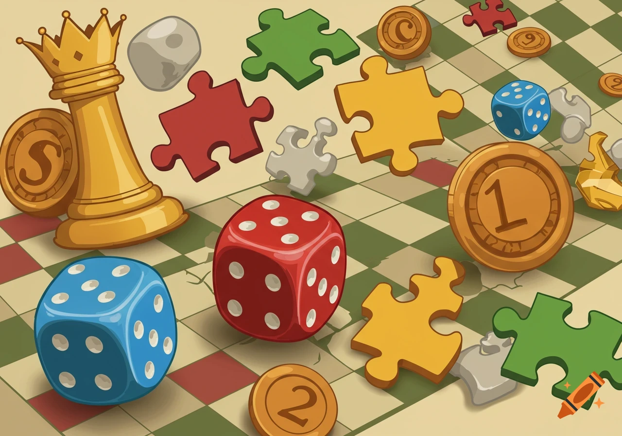 A vector illustration of various board game pieces, including a golden ...