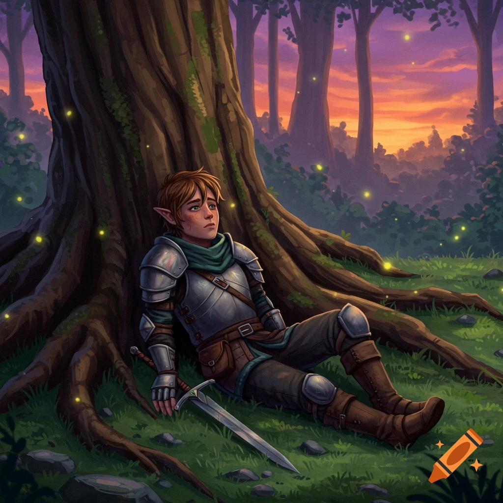 A tired elf warrior in armor sits under a large tree in a glowing fantasy forest at sunset. on ...