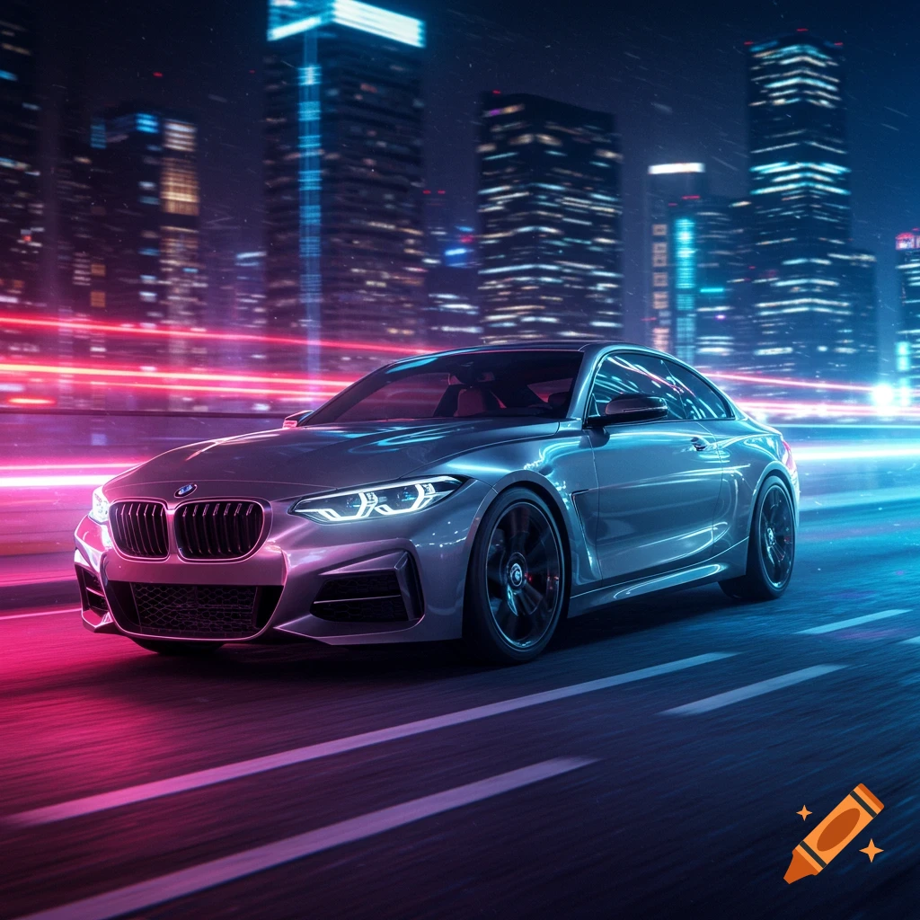 A sleek gray BMW coupe speeds down a neon-lit city street at night ...