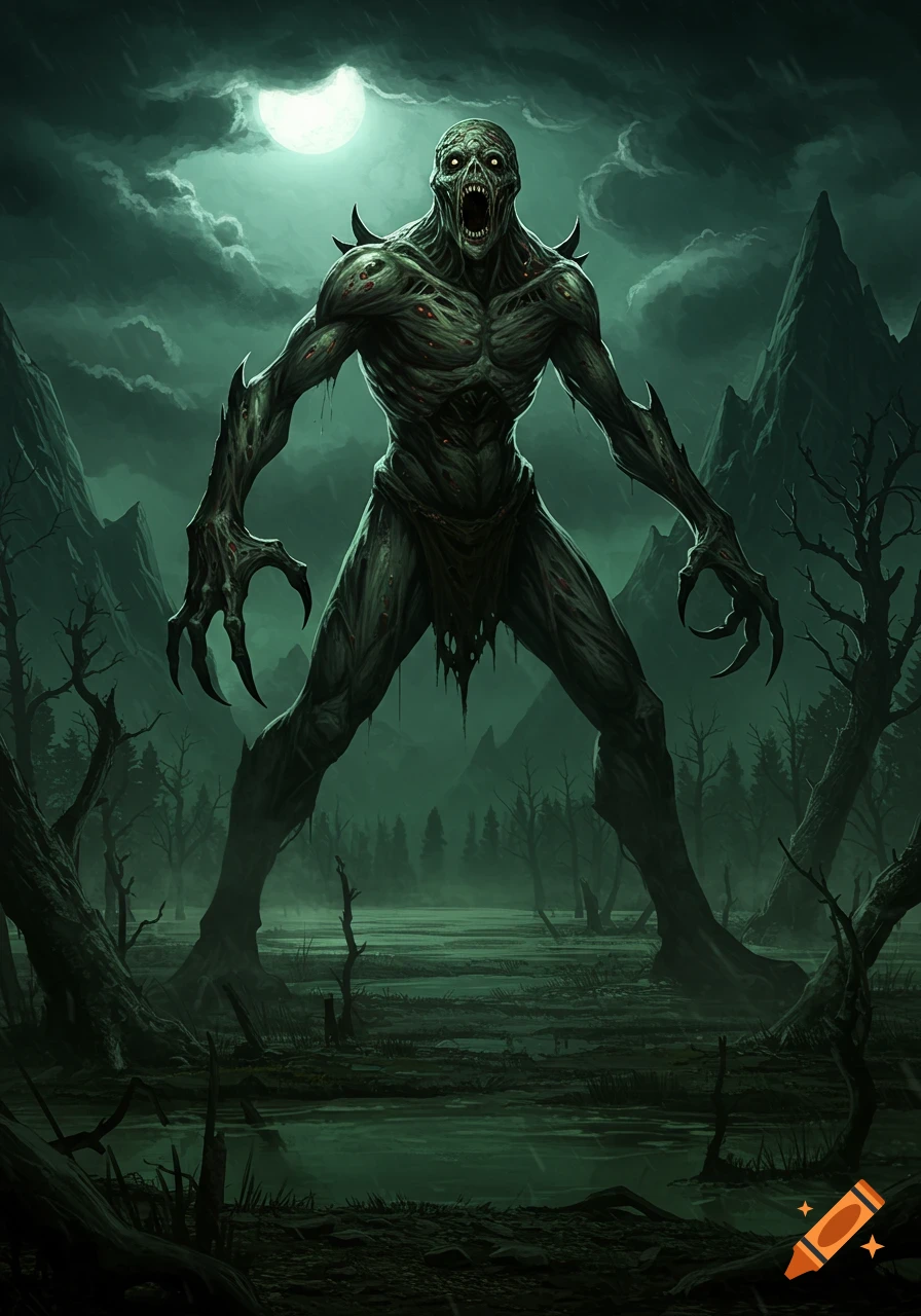 A skeletal, grotesque monster with a skull face and sharp claws stands ...