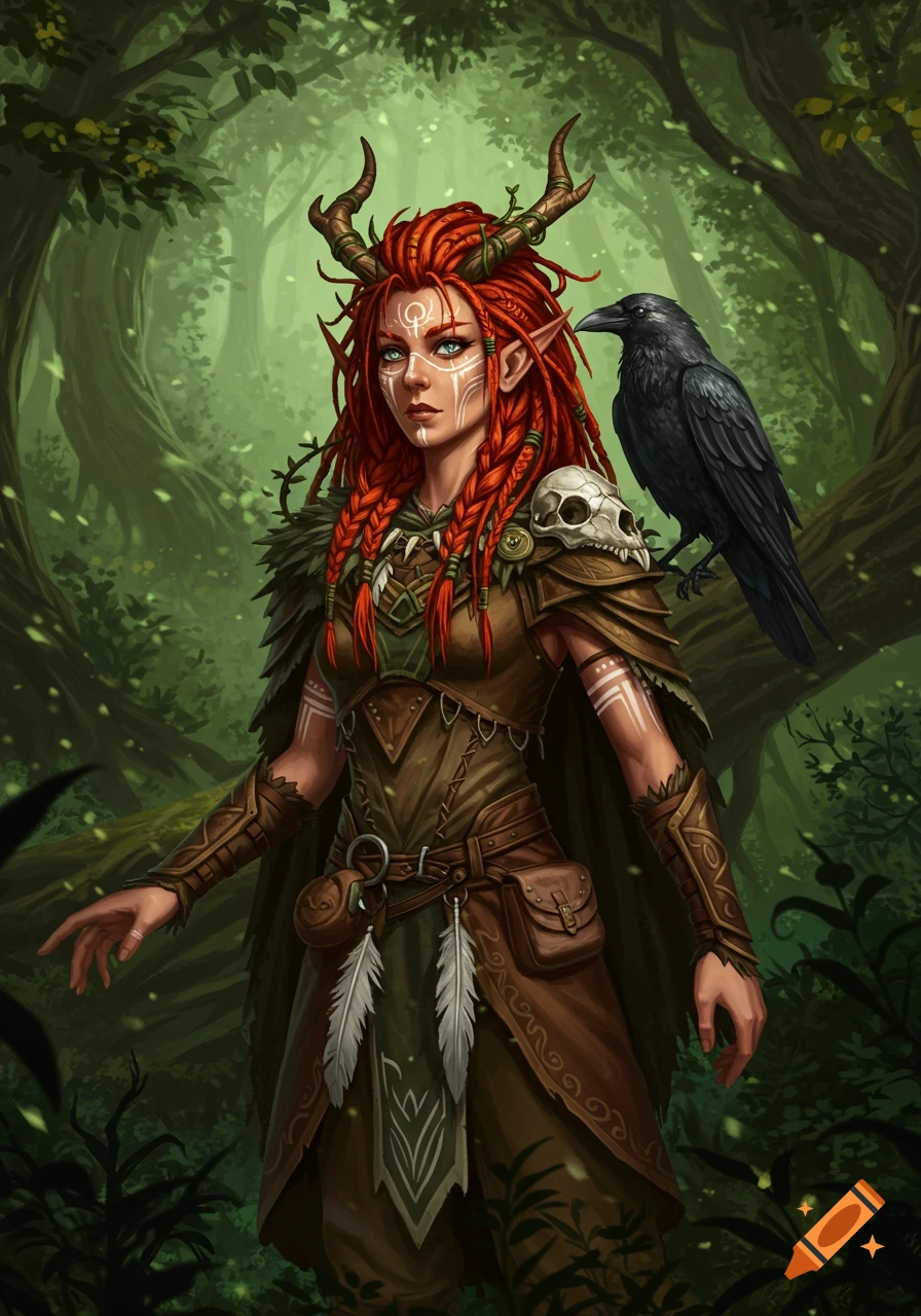 A wood elf Druid with red braided hair, tribal markings, and antlers ...