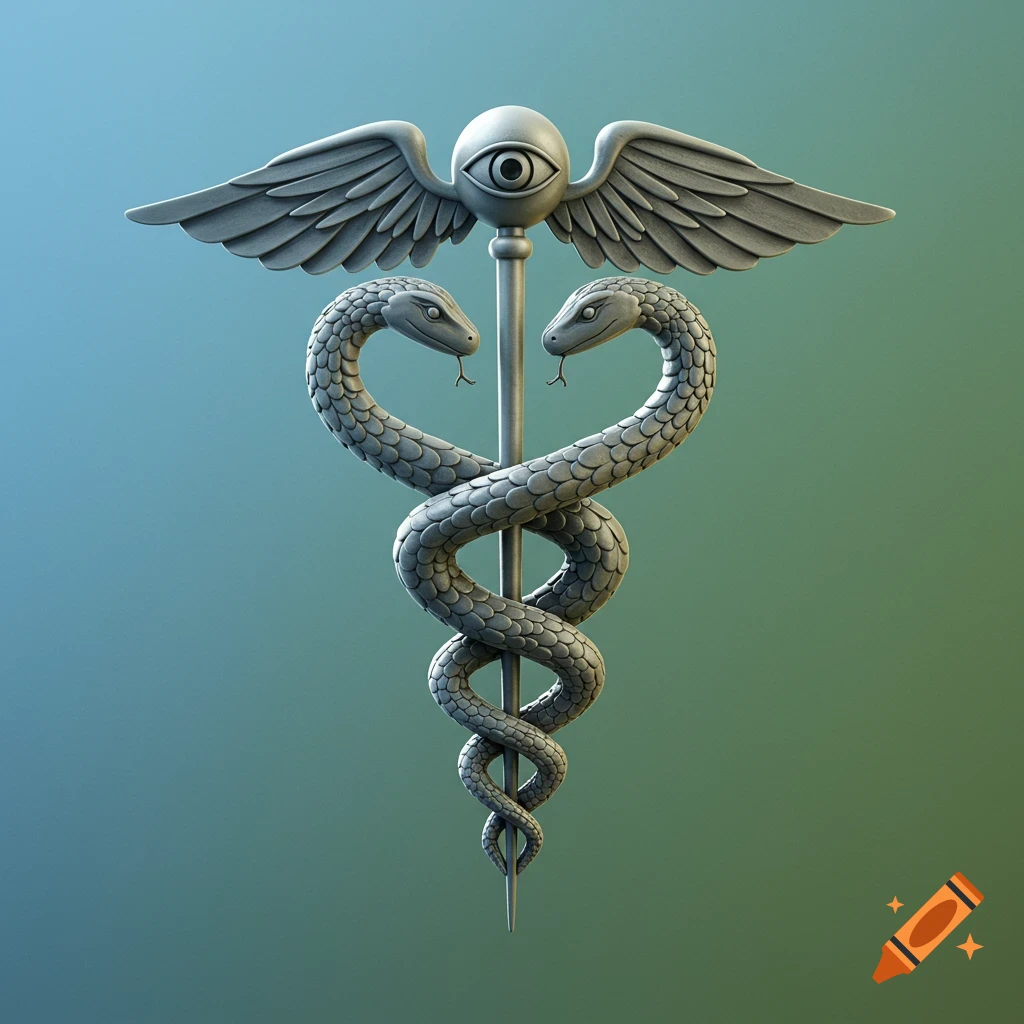 A 3D rendered metallic caduceus symbol with two snakes entwined around ...