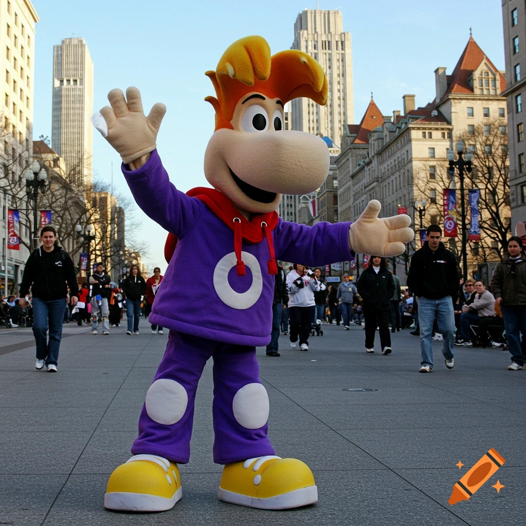 A person in a large purple and yellow Rayman mascot costume stands in ...