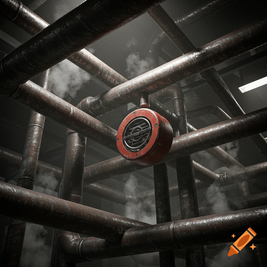 A red smoke detector hangs among a dense network of rusty pipes, with ...