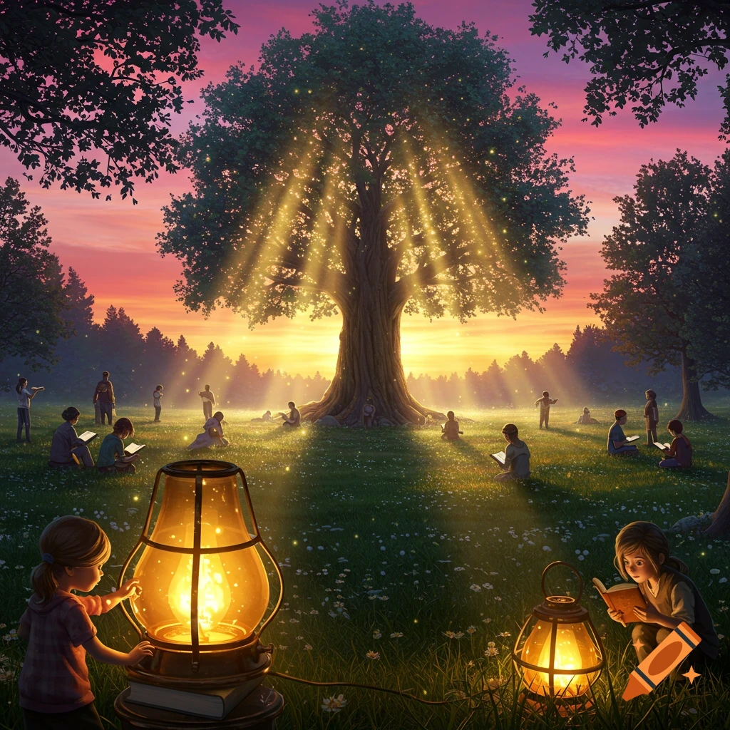 Children read books by glowing lanterns and a magical, light-emitting ...