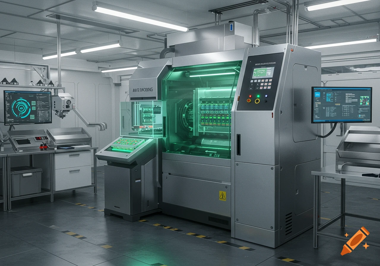 Photorealistic industrial machine with safety guards, yellow warning ...