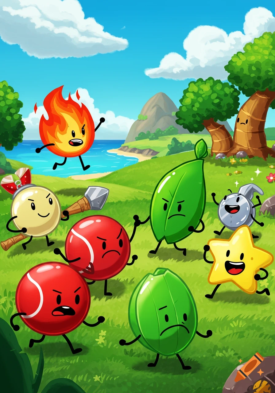 A happy, yellow and blue teardrop-shaped cartoon character with stick ...