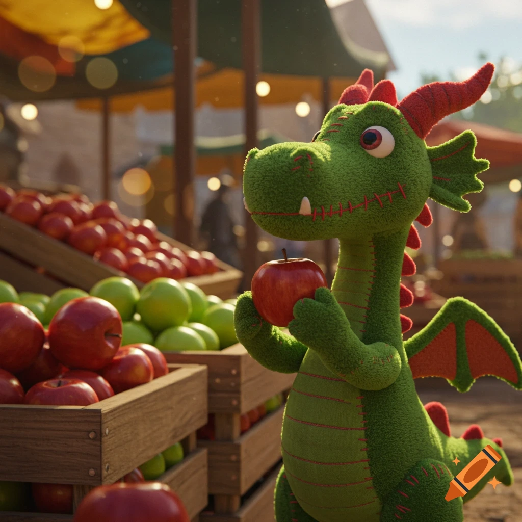 A green plushie dragon holding a red apple stands by crates of apples ...