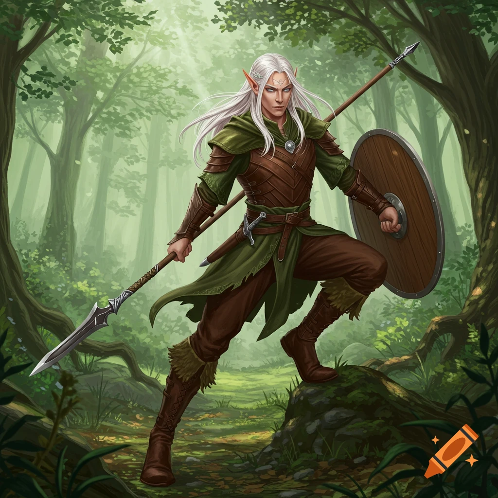 A light-haired male elf ranger in leather armor, holding a spear and ...
