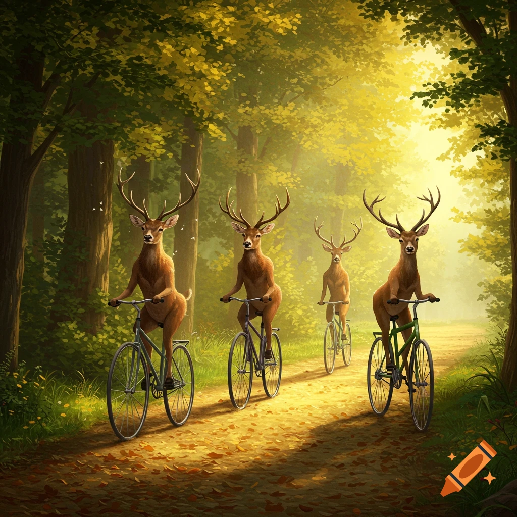 Four anthropomorphic deer ride bicycles on a sunlit dirt path through a ...