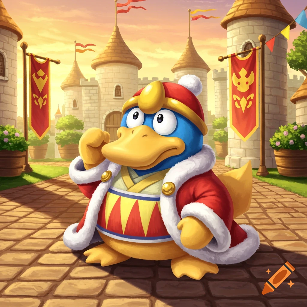 King Dedede, a blue penguin-like character in a red robe and hat, sits ...