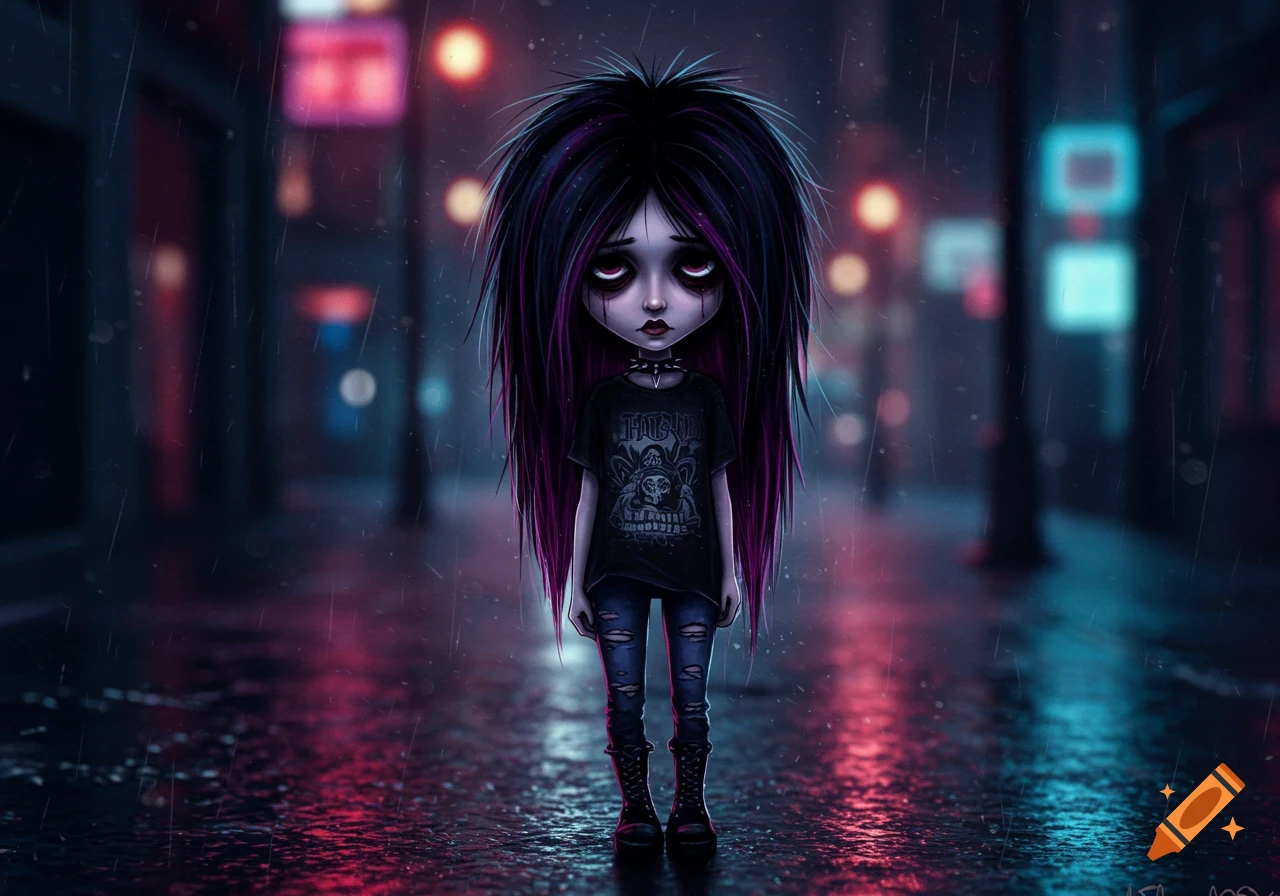 A stylized emo girl with long dark purple hair, a studded choker, and a ...