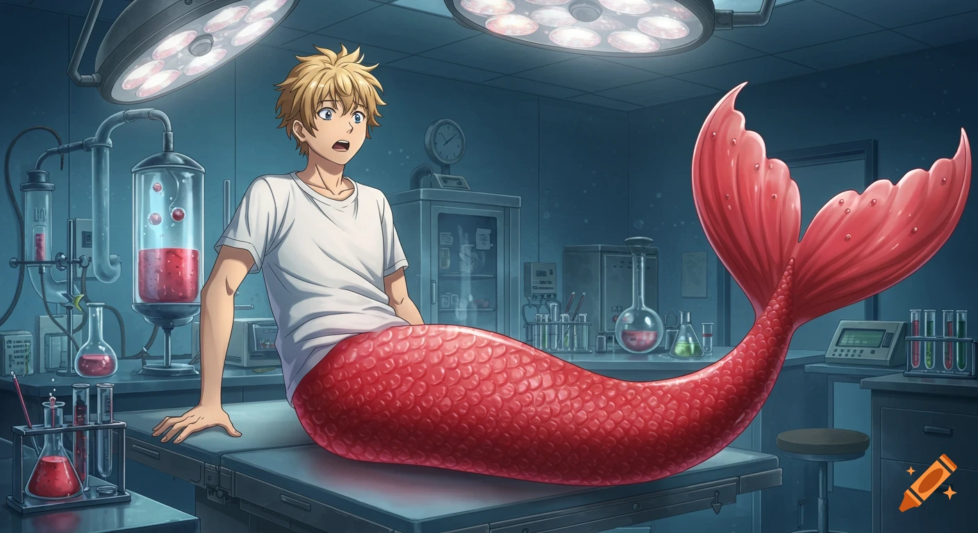 A shocked blonde anime merman with a red, strawberry-textured tail sits ...
