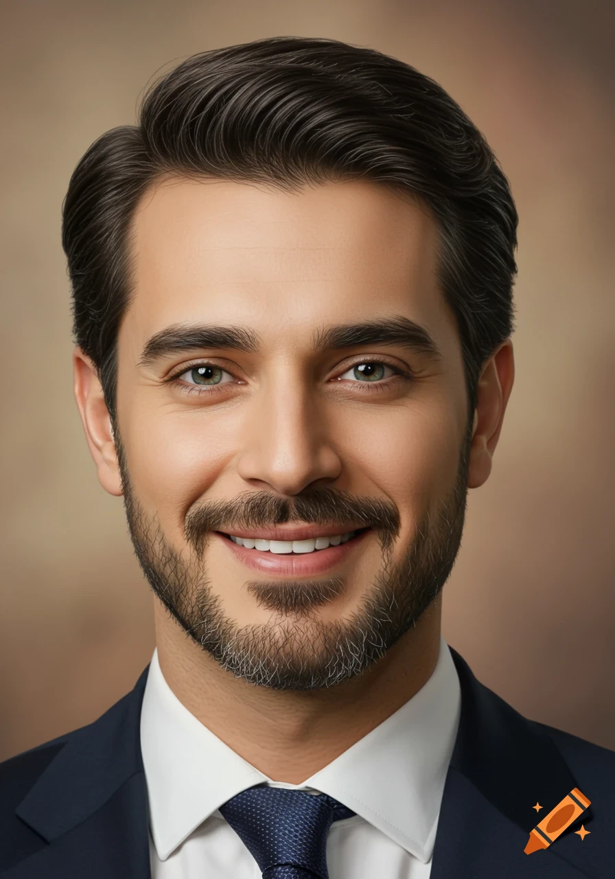 Photorealistic portrait of a smiling Iranian man with dark hair and a ...