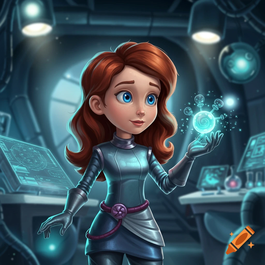 An animated girl with red hair and blue eyes, dressed in a grey sci-fi ...
