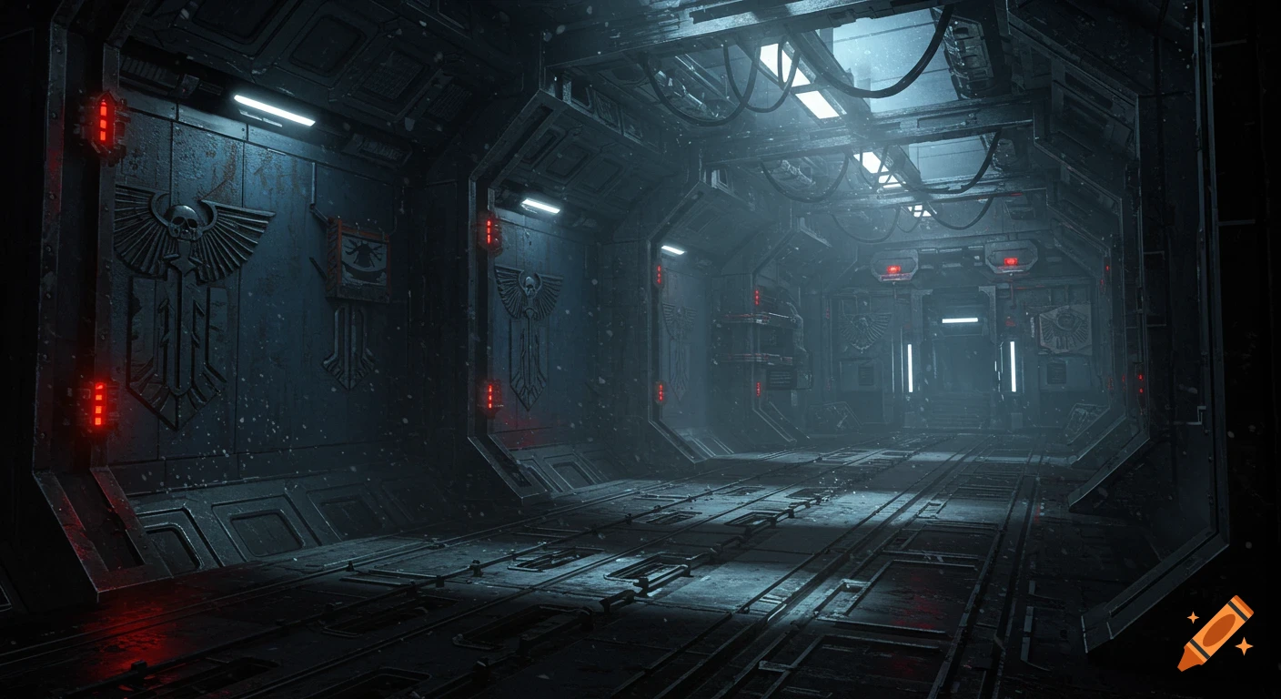 A dark, industrial sci-fi corridor with gothic bulkheads, red lights ...