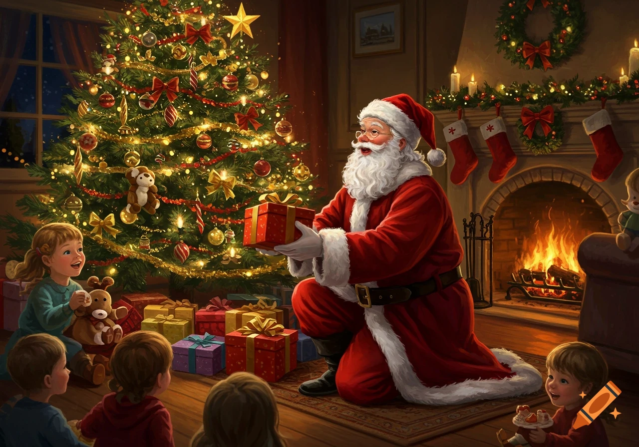 A painting of a smiling Black American Santa Claus in a red suit ...