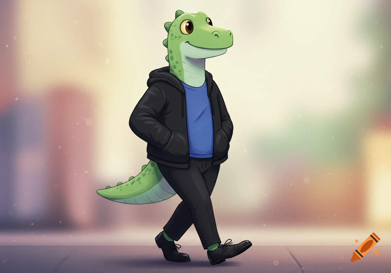 A friendly, anthropomorphic green cartoon dinosaur tap dancing on a ...