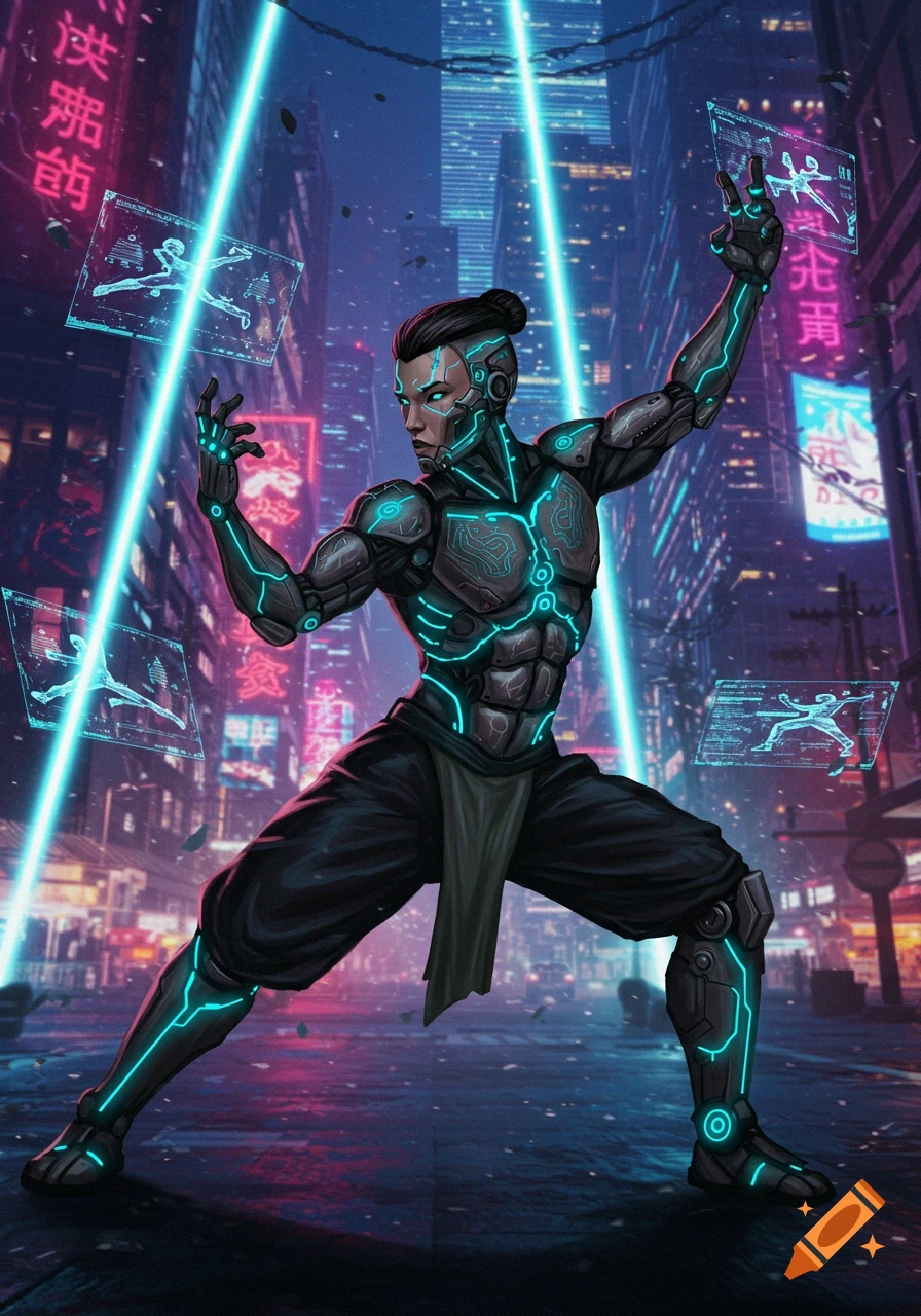 A cybernetic kung fu fighter in a dark, neon-lit cyberpunk city ...