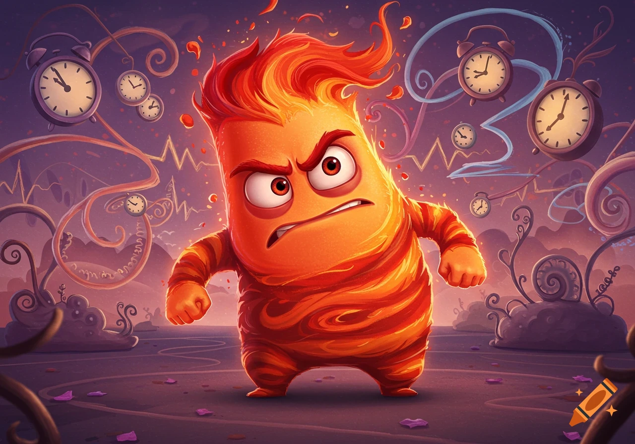 An angry, cracked gingerbread-like character with raisin buttons stands ...