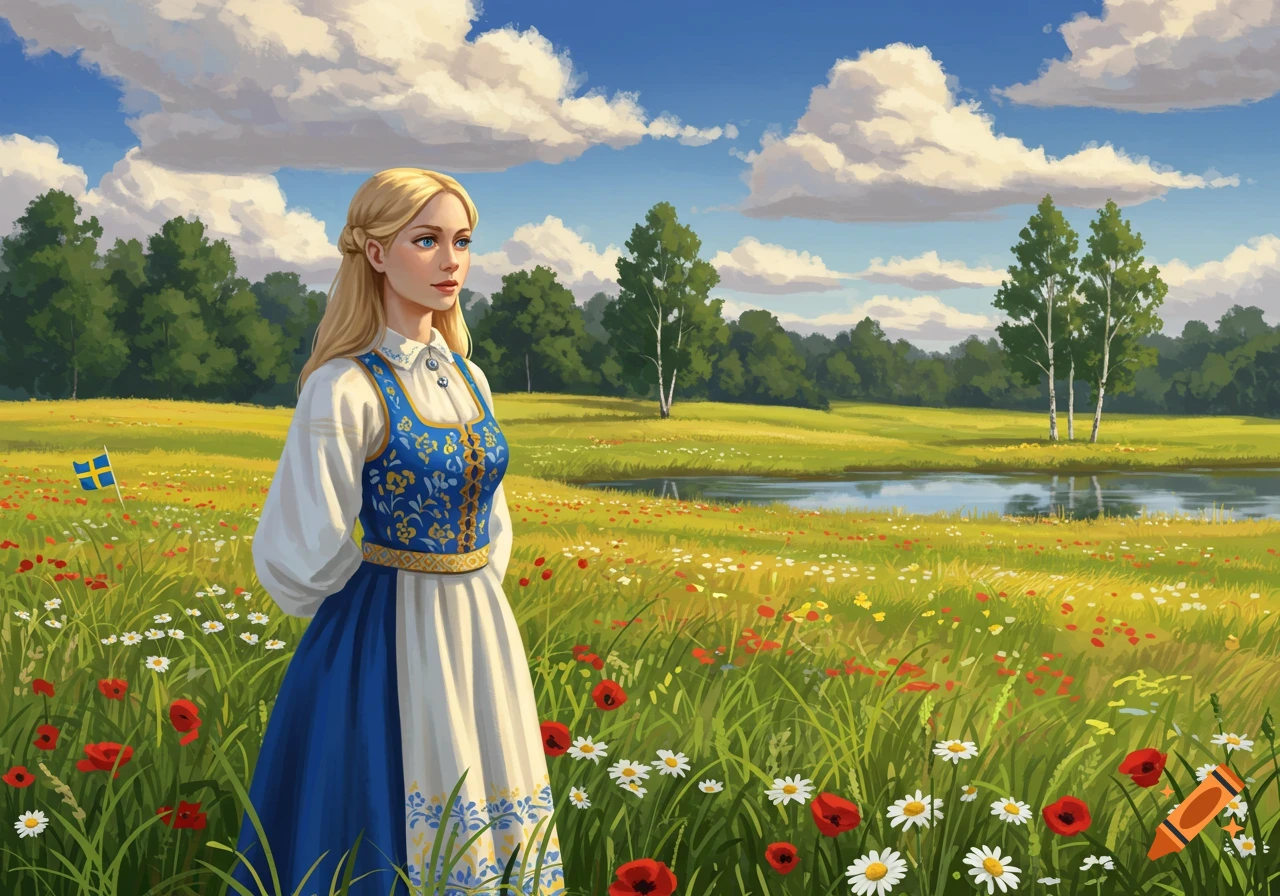 A smiling woman in a dirndl dress holds wildflowers in a sunny, green ...