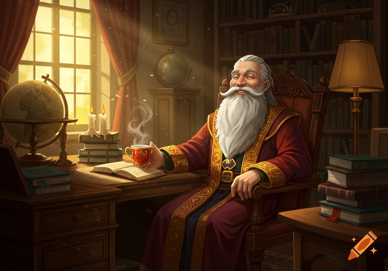 A wizard in a grey robe and pointed hat puts colorful clothes into a ...