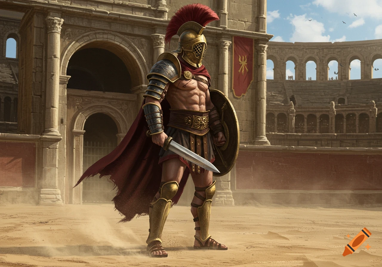 A proud Roman general in detailed silver and red armor stands in a ...