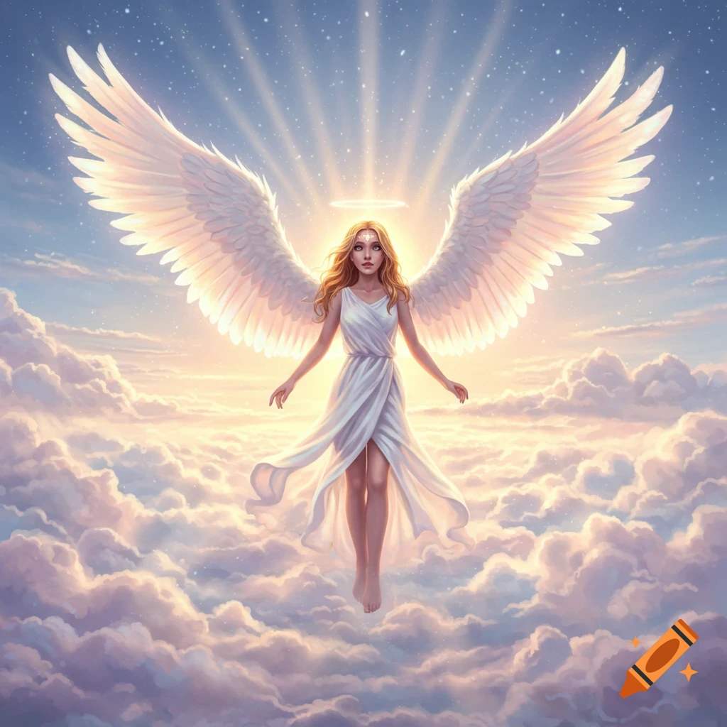 An ethereal angel girl with long blonde hair, large white wings, and a ...