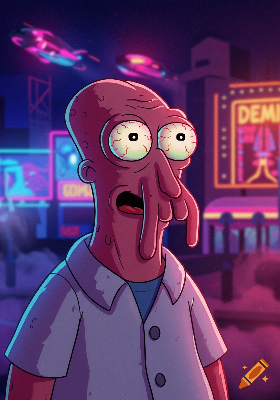 Close-up of Dr. Zoidberg from Futurama with bloodshot eyes, looking ...
