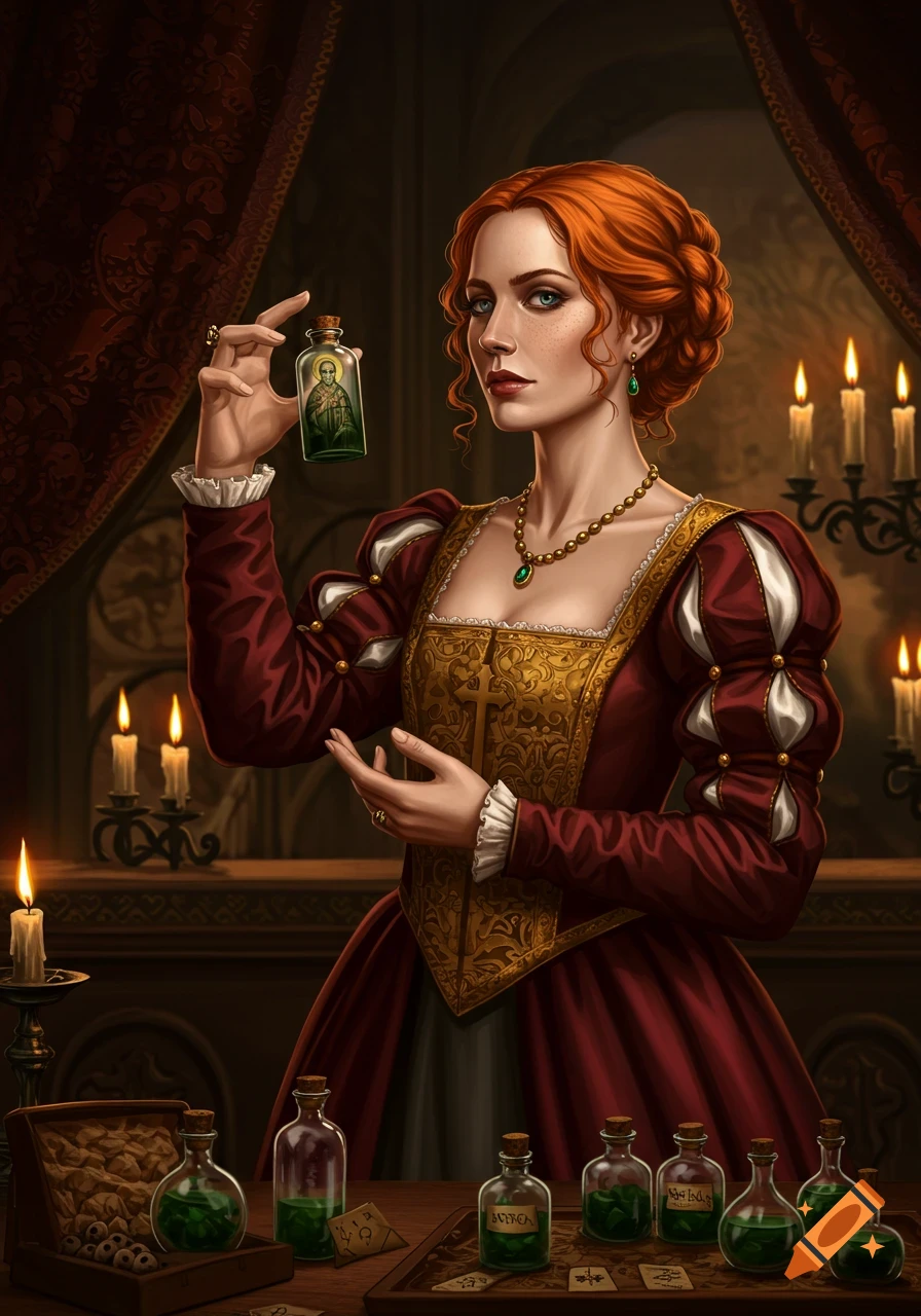 A red-haired woman in Renaissance attire holds up a small vial with a ...