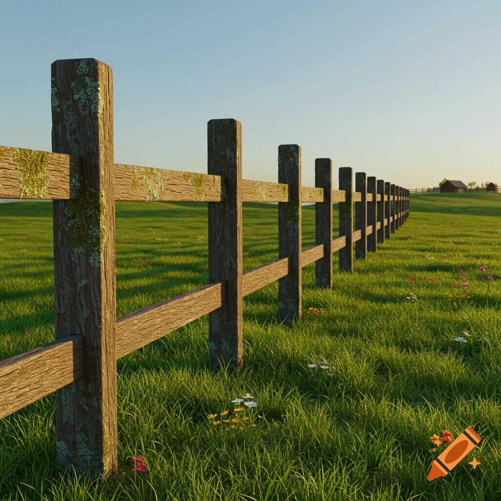 A photorealistic image of a wooden farm fence with moss-covered posts ...