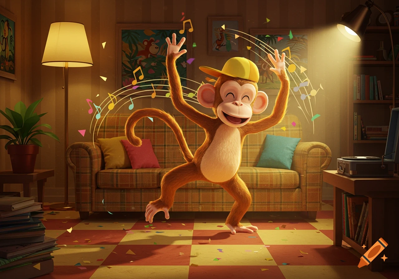 A cheerful cartoon monkey wearing a yellow cap dances joyfully in a ...