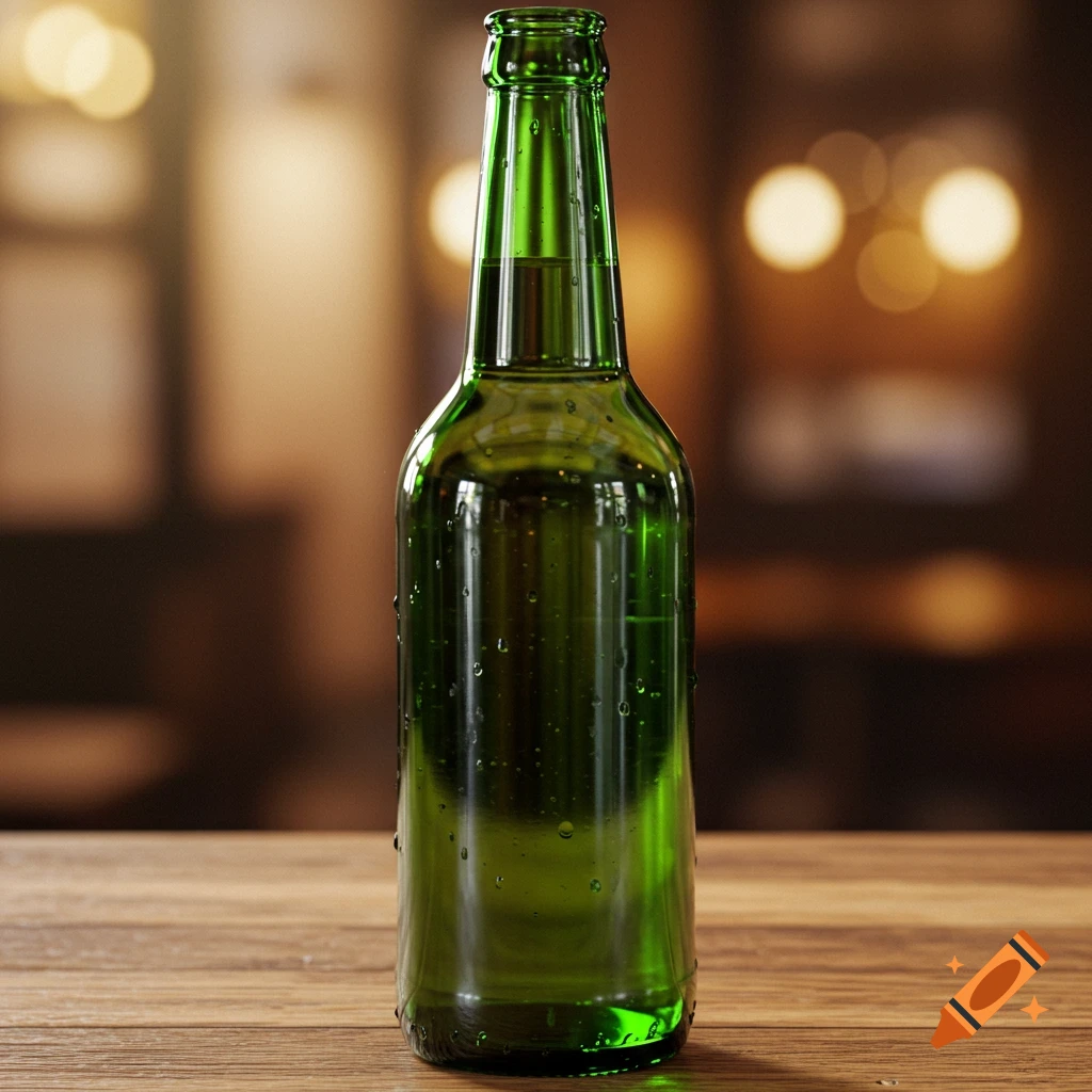 Photorealistic green beverage bottle with condensation, isolated on a ...