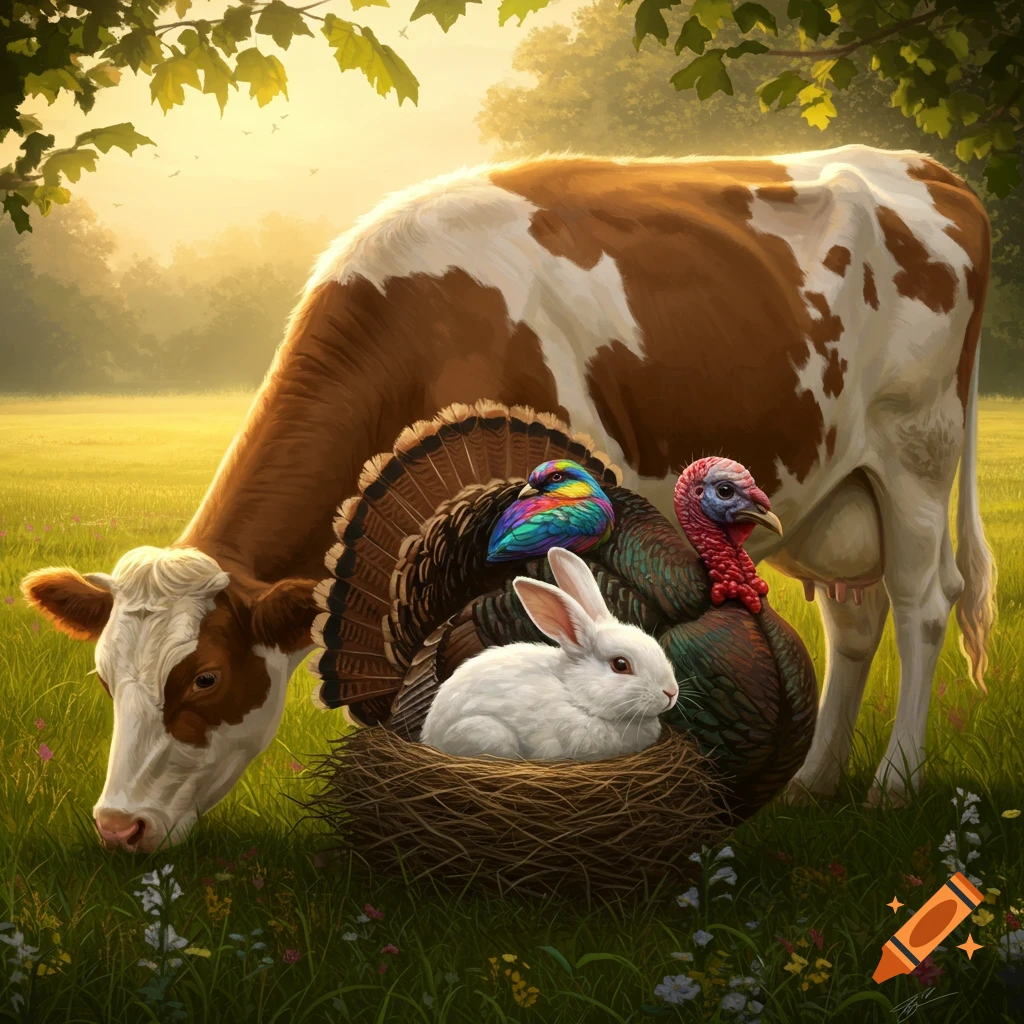 A cow grazes in a sunlit field, with a turkey, a rabbit in a nest, and ...