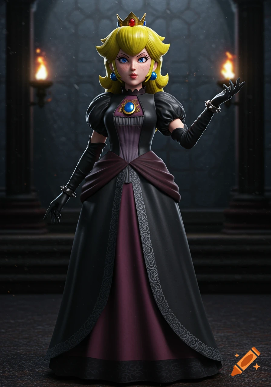 Hyperrealistic Princess Peach as a villain, wearing a black and purple ...