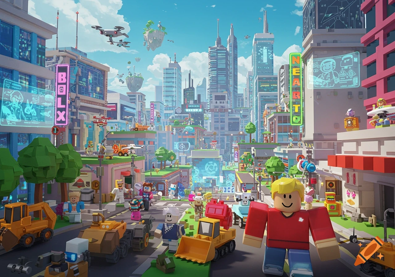 Blocky Roblox characters populate a vibrant city with buildings and ...