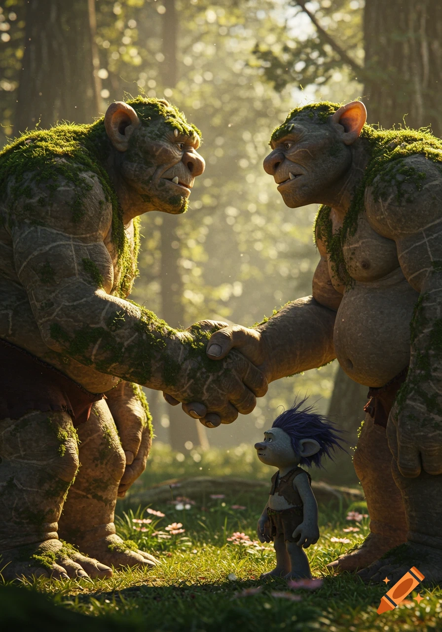 Two large, moss-covered trolls shake hands in a sun-dappled forest ...