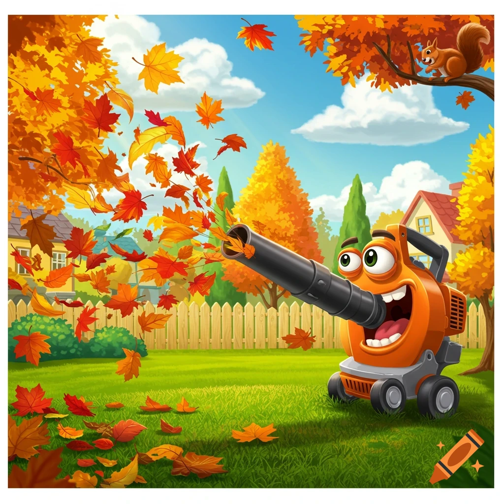 A cheerful cartoon leaf blower blasts autumn leaves in a vibrant ...