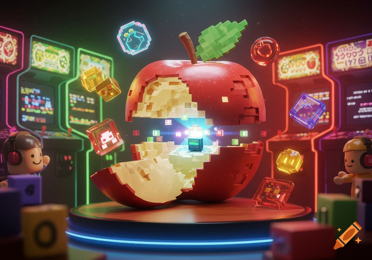 A beige, plump, stylized character stands in a blue room filled with ...